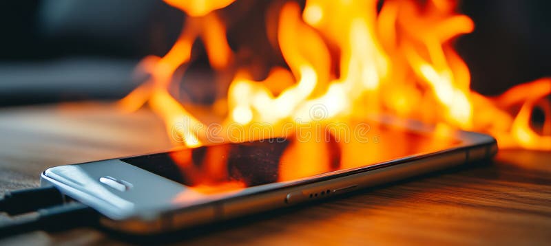 Burning Smartphone on Table, Electrical Hazard Concept with Fire and ...
