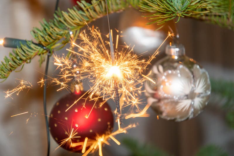Burning Sparkle Lights on a Christmas Tree Stock Image - Image of fire ...