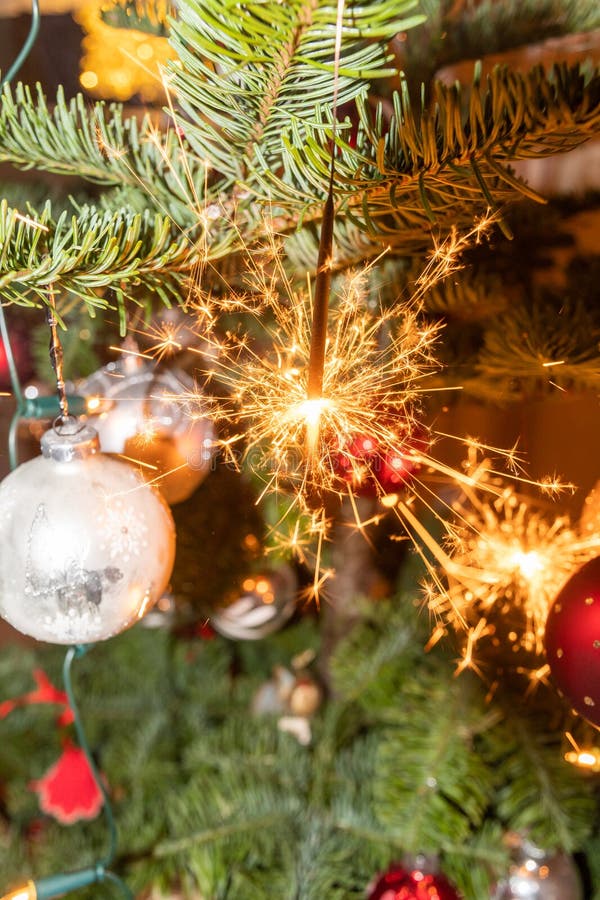 Burning Sparkle Lights on a Christmas Tree Stock Image - Image of light ...