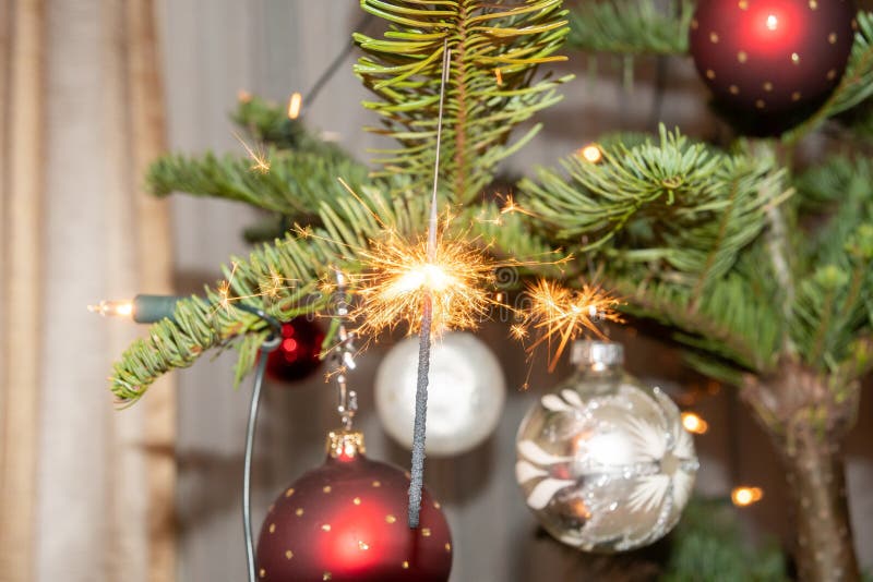 Burning Sparkle Lights on a Christmas Tree Stock Image - Image of tree ...