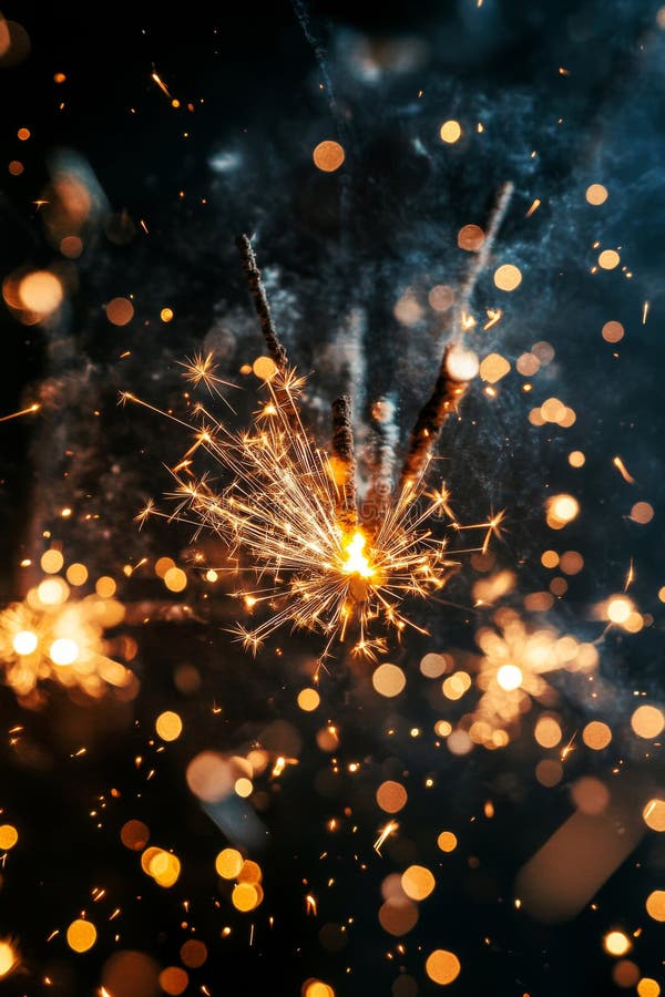 Burning Sparkling Fireworks with Falling Sparks on Dark Background ...