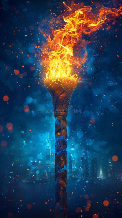 A Burning Sports Torch with Patterns Against the Backdrop of a Modern ...