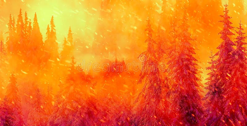 Burning Spruce Forest and Painting Effect. Ecology Concept Stock ...