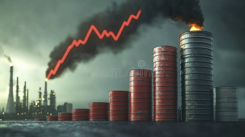 Burning Stack of Barrels with Rising Red Line Graph Stock Illustration ...