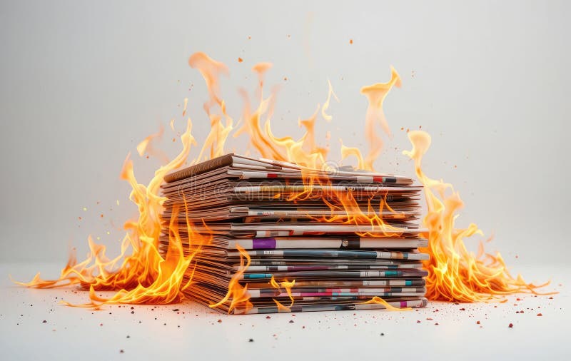 Burning Stack of Magazines or Newspapers in Flames on White Background ...