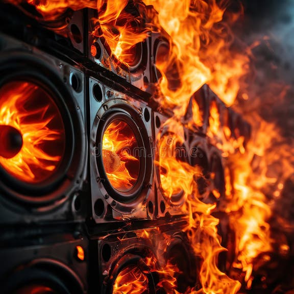 Burning Stack of Speakers Engulfed in Flames and Smoke Stock Image ...
