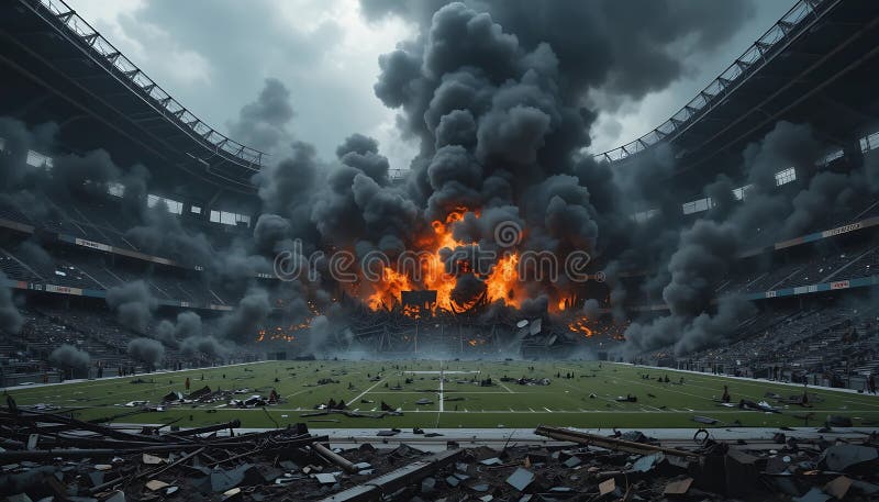 Burning Stadium Disaster with Smoke and Damage Aftermath in Apocalyptic ...
