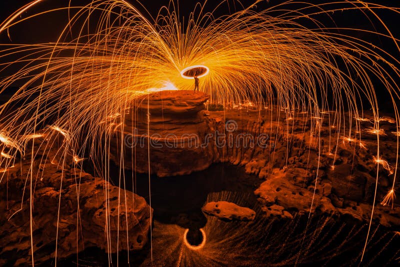 Burning Steel Wool on the Rock Near the River at Sam Phan Bok in ...