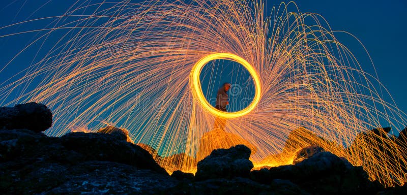 Burning Steel Wool on Stone at Night Stock Image - Image of danger ...