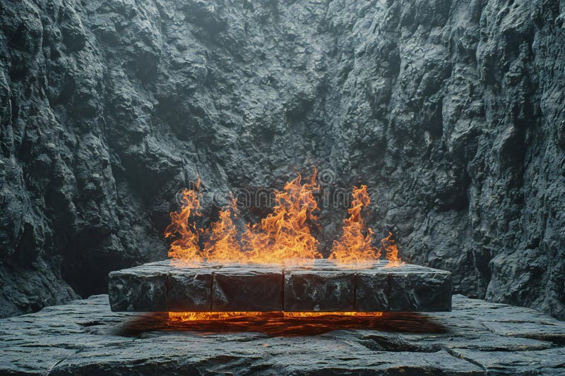 Burning Stone Podium in the Dark Cave Stock Illustration - Illustration ...