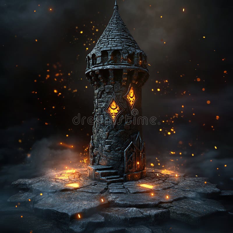 Burning Stone Tower, Fantasy Game Art, Dark Background Stock ...