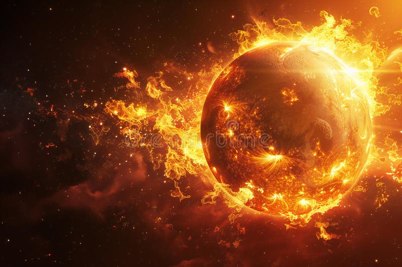 A Burning Sun with Flames on a Black Background. an Abstract Concept of ...