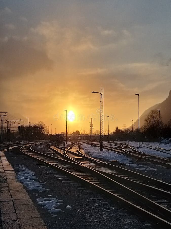 Burning Sunrise Over Railway Tracks Stock Photo - Image of morning ...