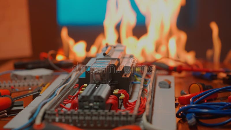 Burning Switchboard from Overload or Short Circuit. Circuit Breakers on ...