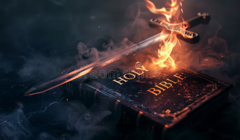 Burning Sword and Holy Bible. Generative AI. Stock Illustration ...