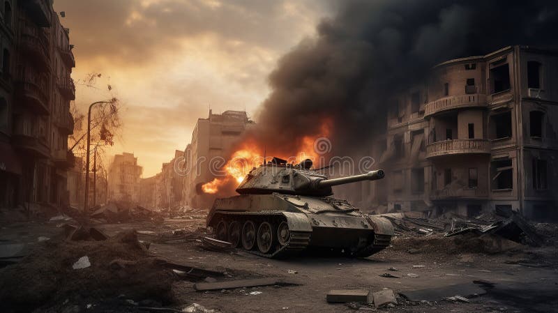 A Burning Tank Against the Backdrop of a War-torn City. Generative AI ...