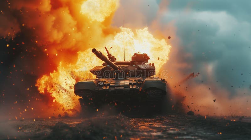 Burning Tank Driving Away in Flames, AI-generated. Stock Illustration ...