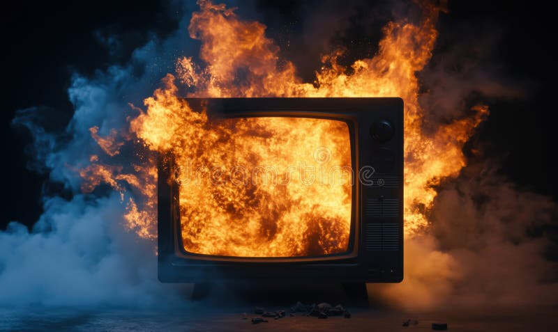 Burning Television with Flames and Smoke, Dramatic Scene, Vintage ...
