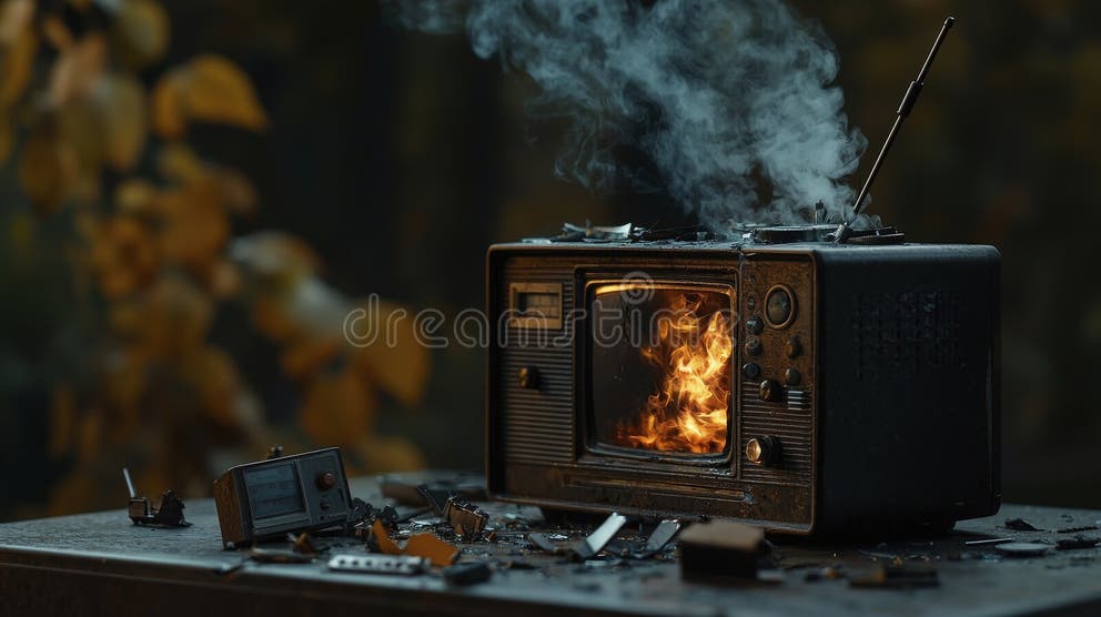 Burning Television Set Outdoor Setting Disturbing Scene Deteriorating ...