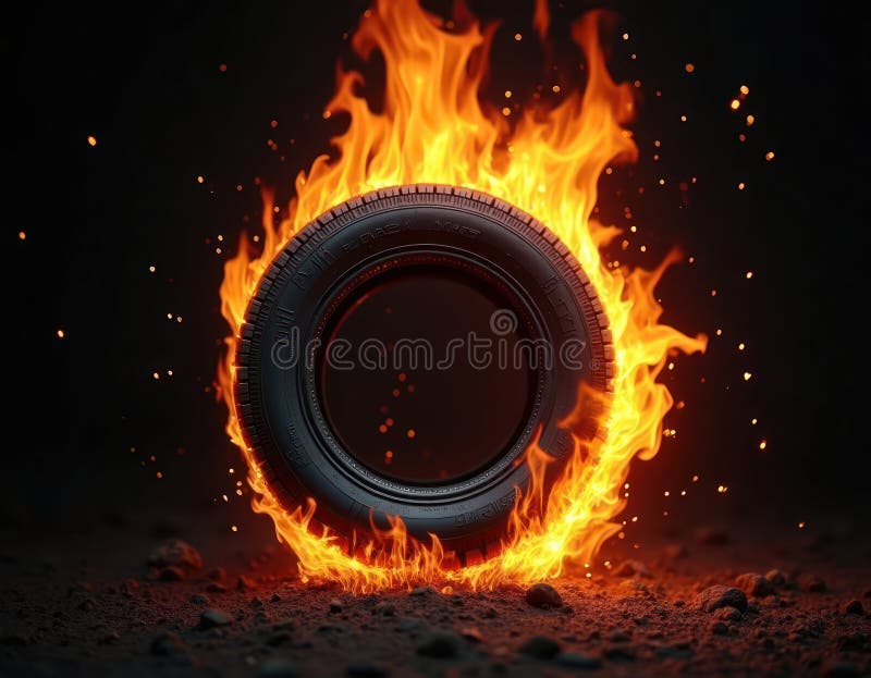 Burning Tire on Dark Background. Tire Ablaze in Flames. Destruction ...