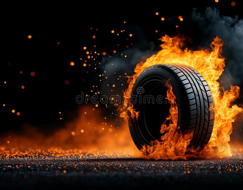 Burning Tire with Flames and Smoke on Dark Background, Creating ...