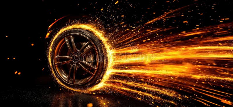 Burning Tire with Sparks and Flames, Dynamic Motion, Black Background ...