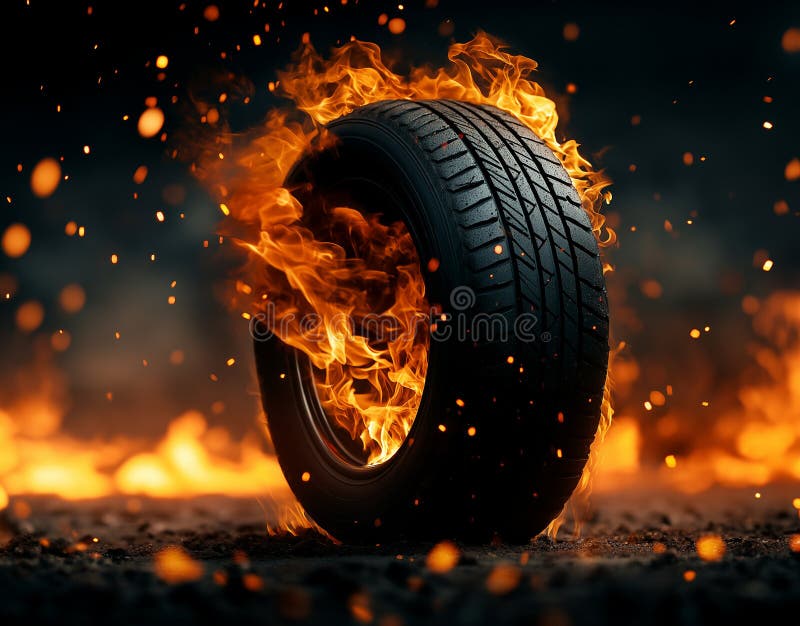 Burning Tire Surrounded by Flames and Sparks, Creating Dramatic and ...