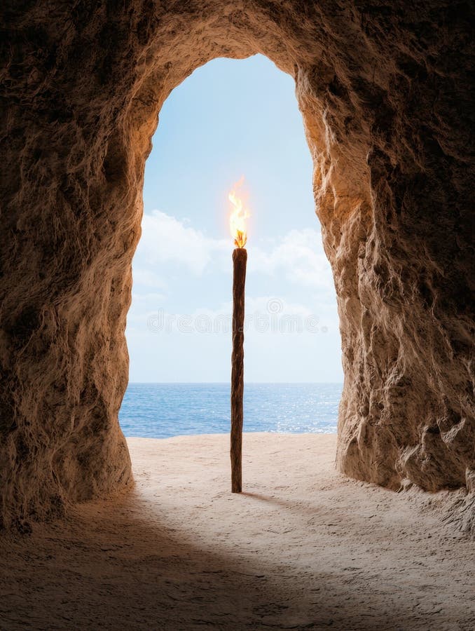 Burning Torch in a Cave Overlooking the Ocean Stock Illustration ...