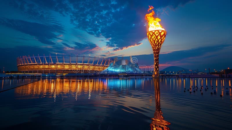 The Burning Torch in Front of Olympic Stadium Stock Illustration ...