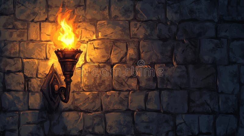 Burning Torch Illuminating Medieval Stone Wall at Night Stock Image ...