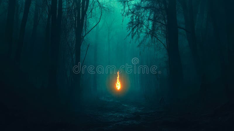 Burning Torch Illuminating Path through a Dark Forest at Night Stock ...