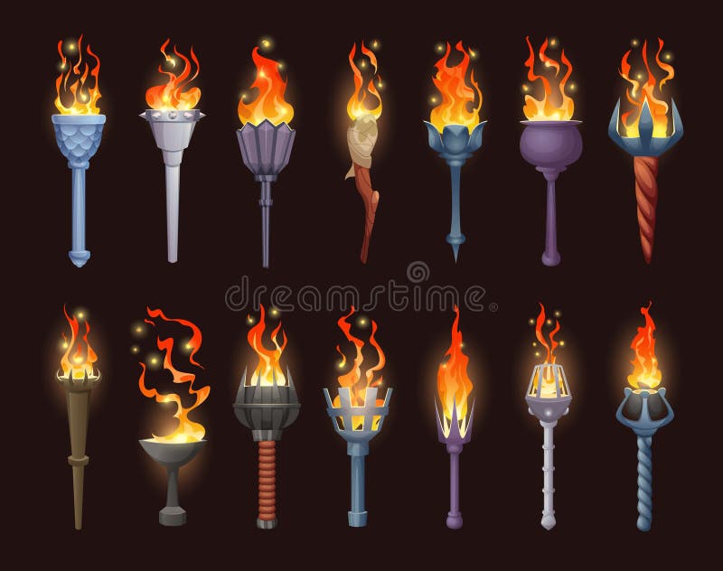 Burning Torch Light. Game Asset Tools Stick Burning Flame Exact Vector ...