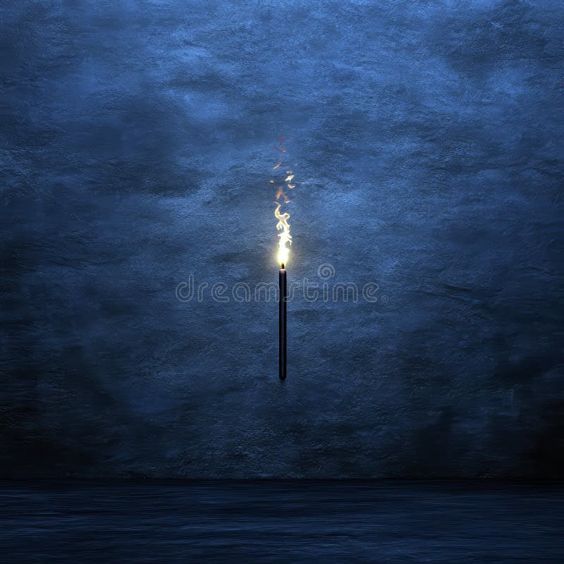 Burning Torch Mounted on Textured Blue Wall in Dark Room Stock Photo ...