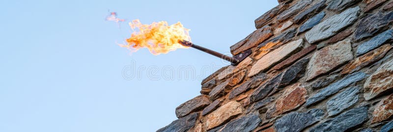 Burning Torch on Rustic Stone Wall Exterior Ancient Flame Old Fire Heat ...