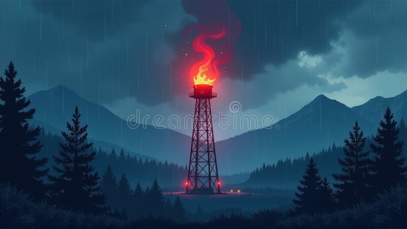 Burning Tower in Rainy Mountain Landscape Stock Illustration ...