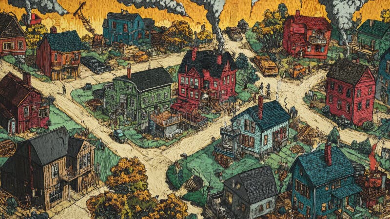 Burning Town Houses Aerial View Illustration Stock Illustration ...