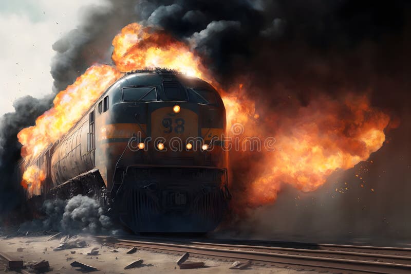 Burning Train Car on Fire Accident on Train Yard. Neural Network ...