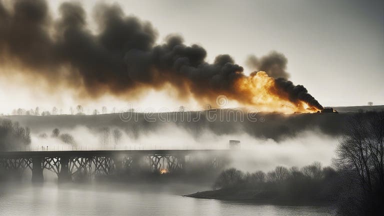 A Burning Train on Fire, Exploding, that Crosses a Exploding Bridge ...