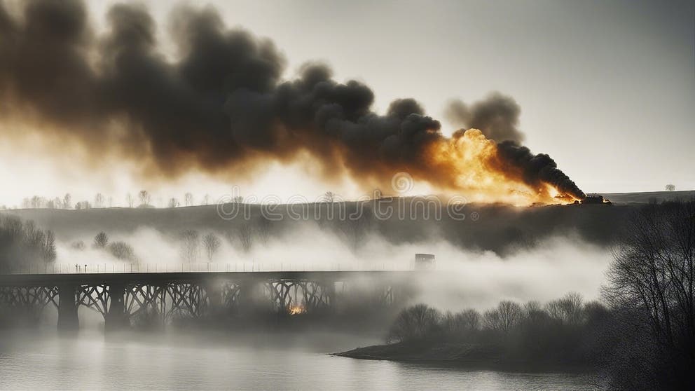 A Burning Train on Fire, Exploding, that Crosses a Exploding Bridge ...