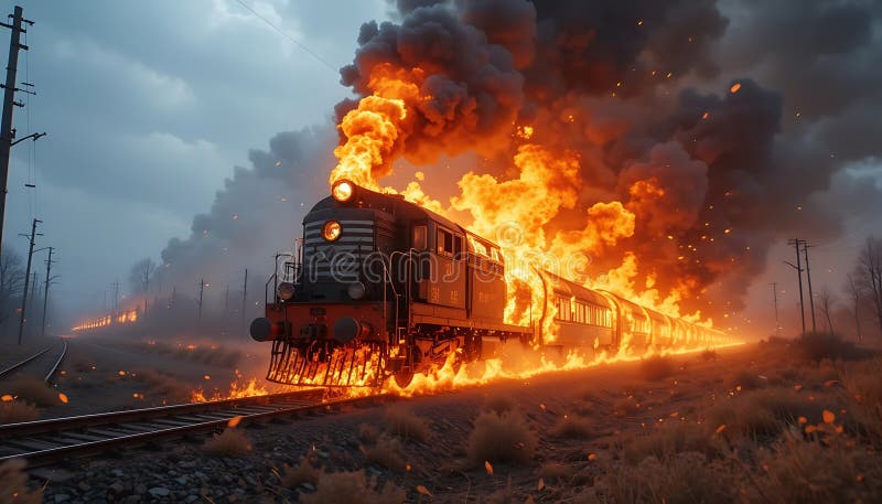 Burning Train Rushing Down Tracks with Dramatic Fire Visuals Stock ...