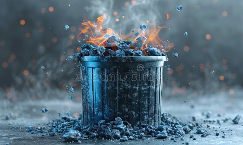 Burning Trash Can with Blue Rocks and Flames, Symbolizing Heat and ...