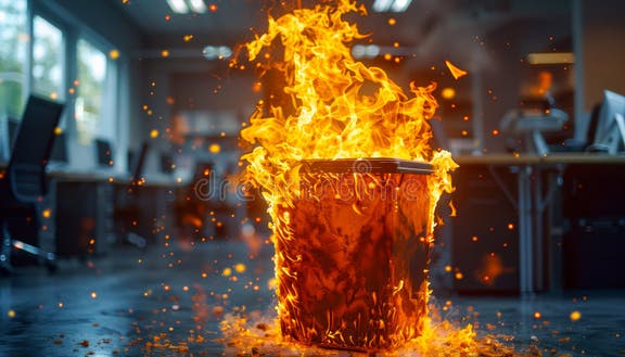 Burning Trash Can in Empty Office. Flaming Rococo Trash Bin in an ...