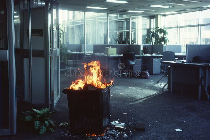 Burning Trash Can in a Modern Office Space. Conceptual Image Showing ...