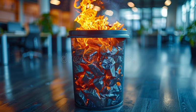 Burning Trash Can in Office. Black Waste Bin on Fire in an Office Stock ...
