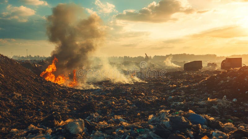 Burning Trash and Smoke in a Landfill at Sunset Stock Illustration ...