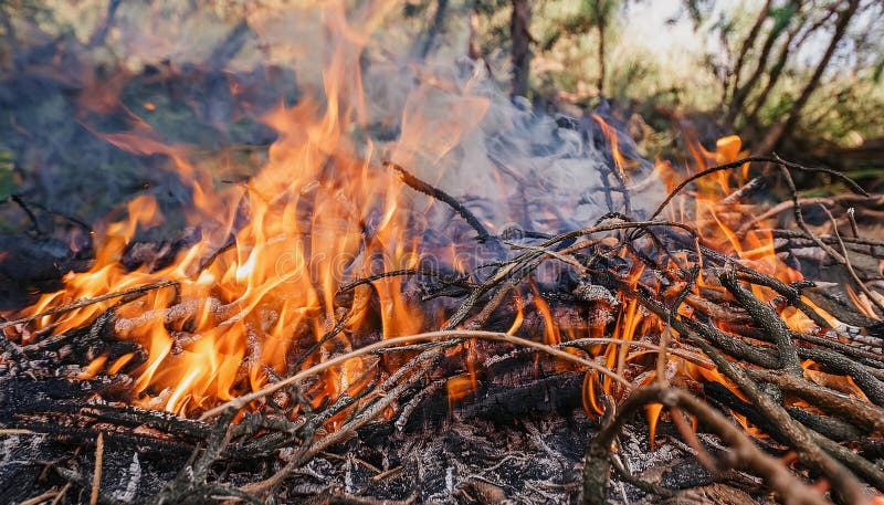 Burning Tree Branches on the Ground. Burning Forest, Wildfire Stock ...