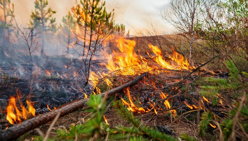 Burning Tree Branches on the Ground. Burning Forest, Wildfire Stock ...