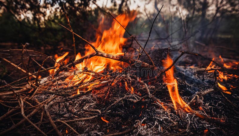 Burning Tree Branches on the Ground. Burning Forest, Wildfire Stock ...