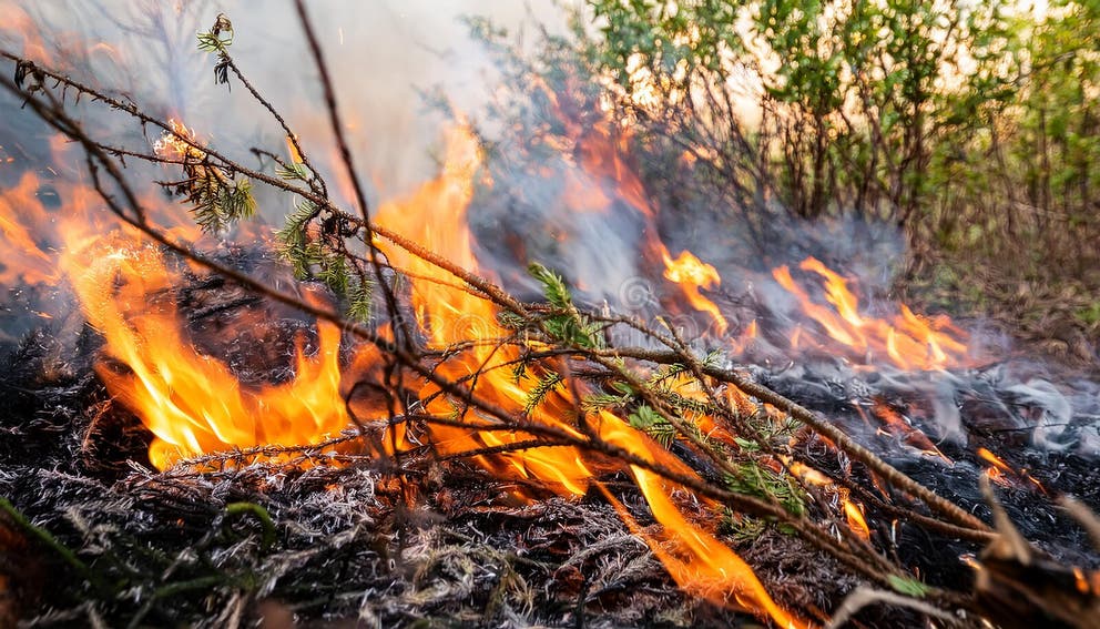 Burning Tree Branches on the Ground. Burning Forest, Wildfire Stock ...