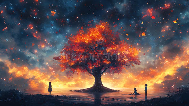 Burning Tree, Children, Starry Night, Fantasy Landscape, Artwork Stock ...